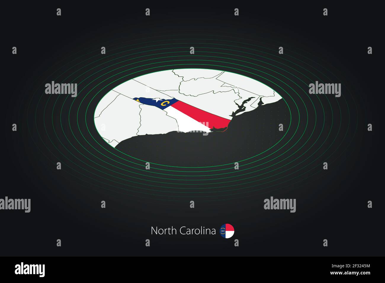 North Carolina map in dark color, oval map with neighboring US states ...