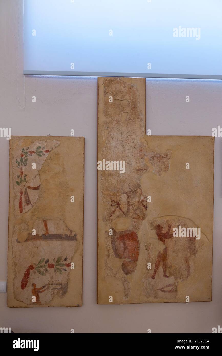 Delos, Greece, September 27, 2020: Wall paintings at the historical ...