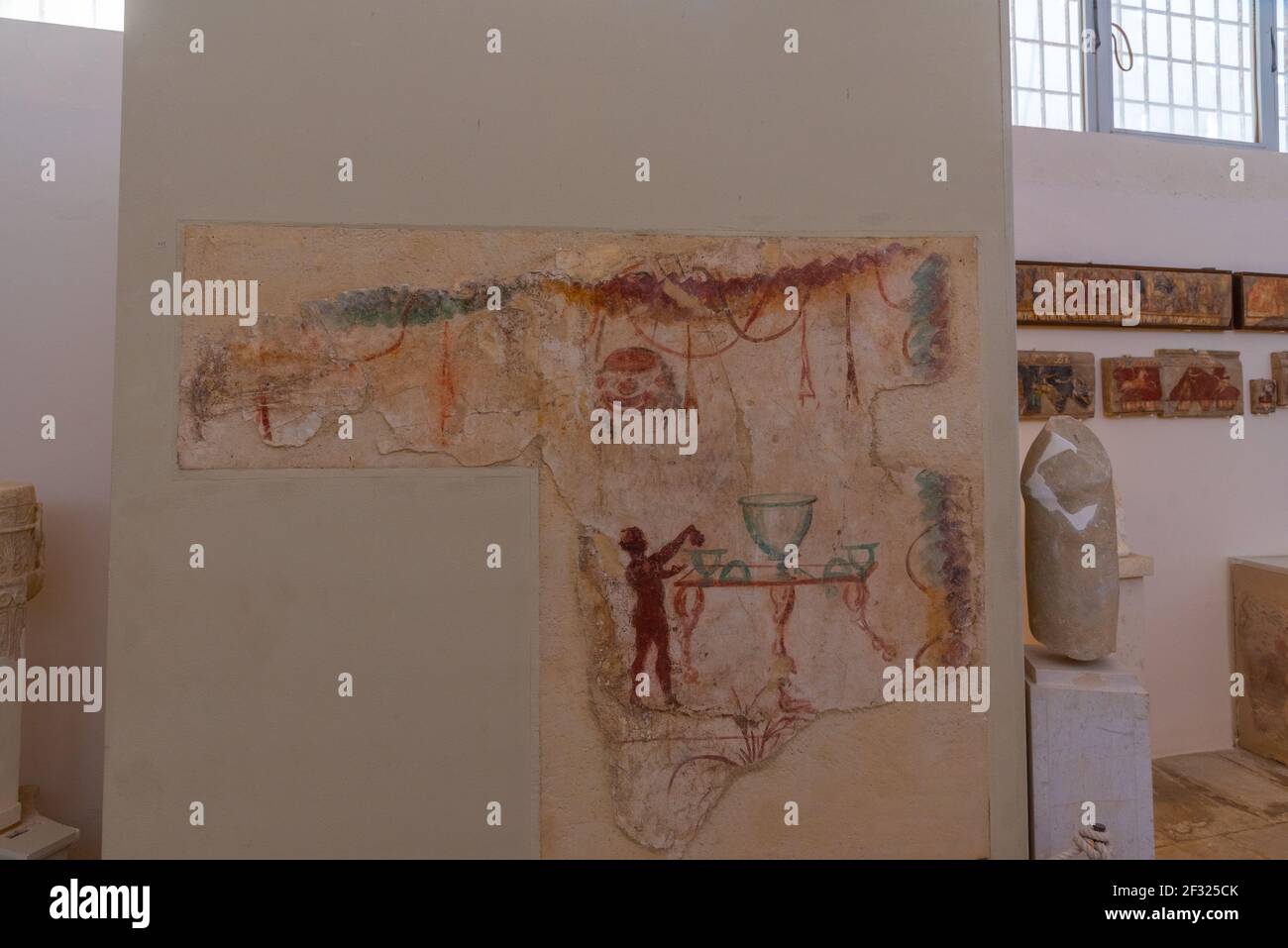 Delos, Greece, September 27, 2020: Wall paintings at the historical ...