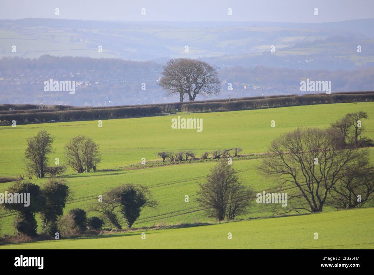 a landscape of green fields with sheffield in the distance Stock Photo ...