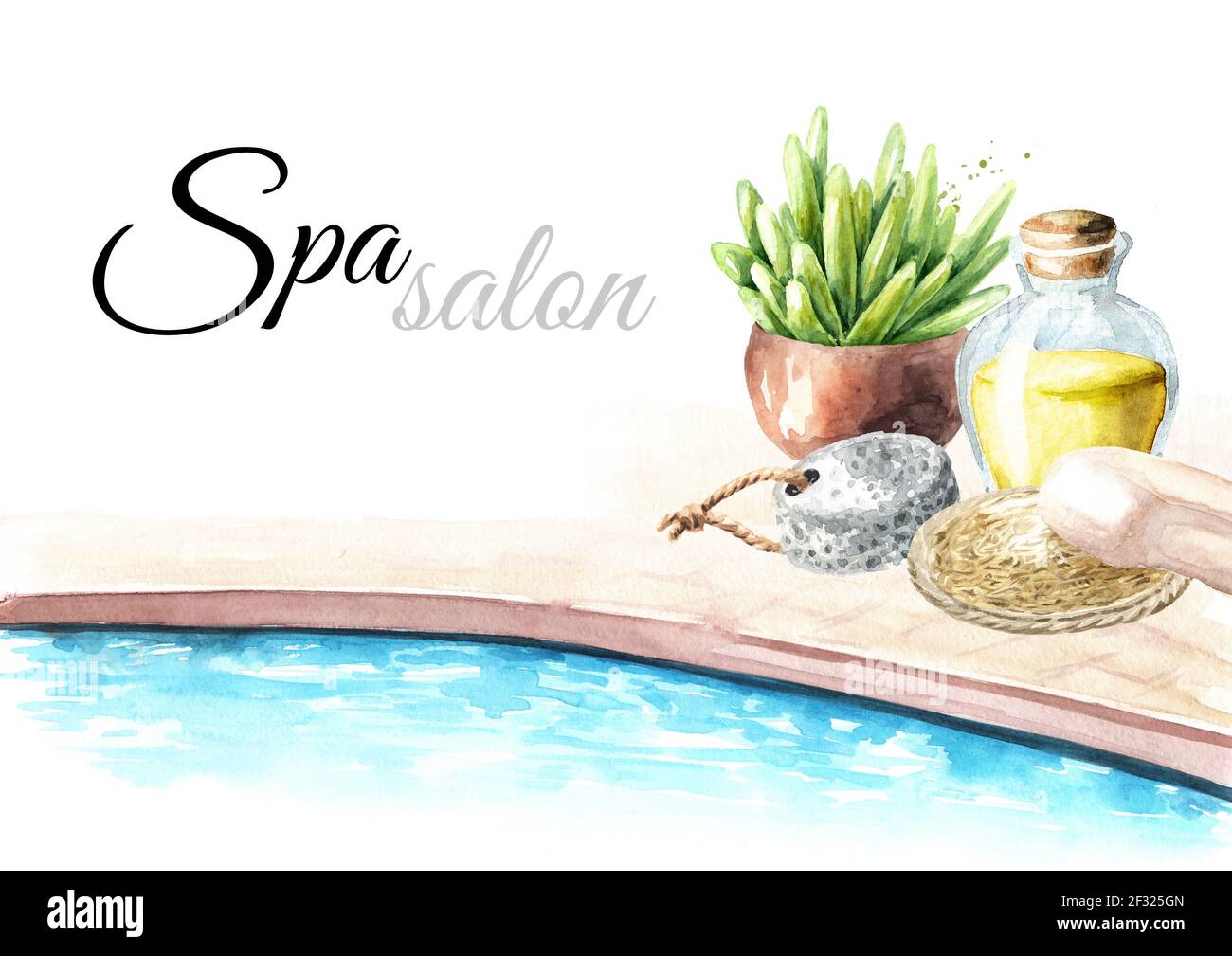 Spa concept and background. Bath accessories. Hand drawn watercolor ...