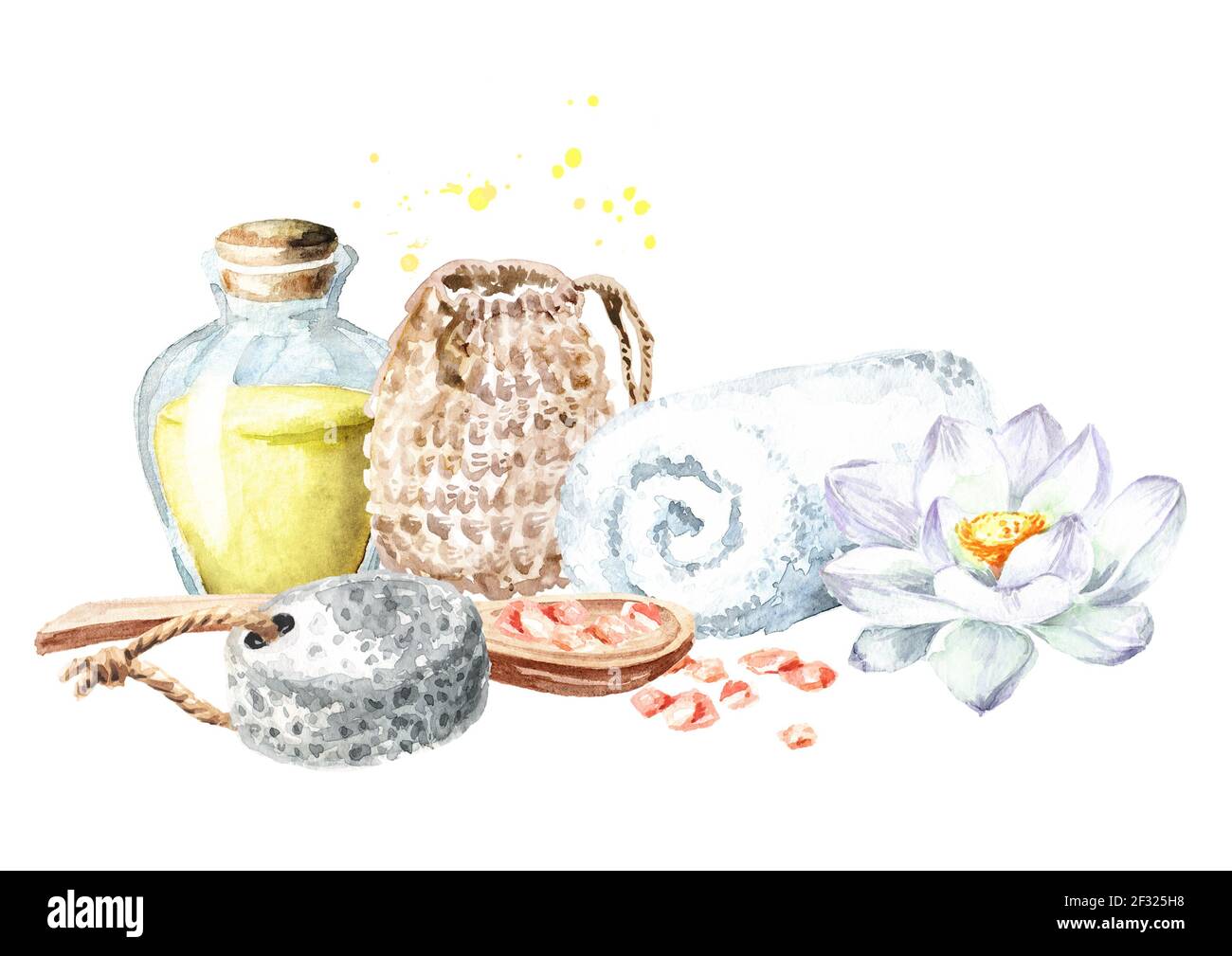 Spa concept. Bath accessories. Himalayan Salt, oil, pumice, towel. Hand ...