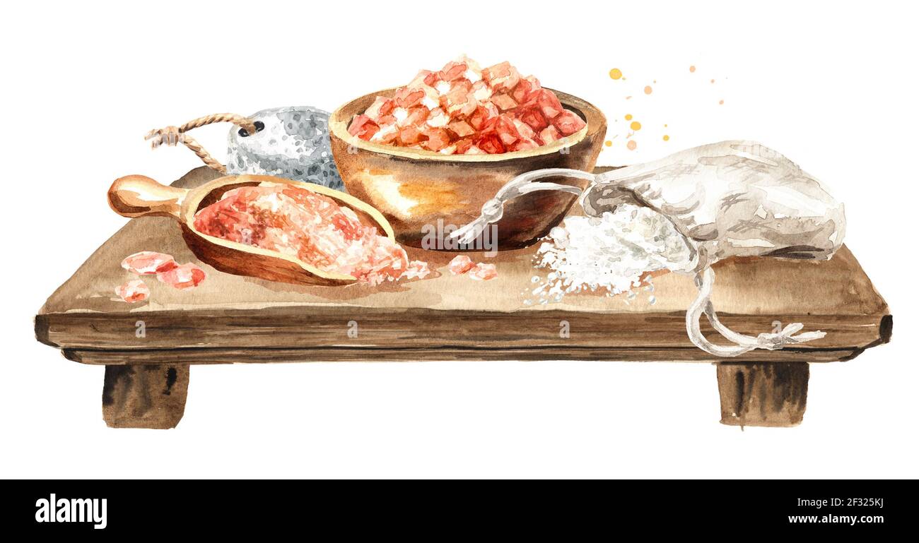 Spa concept. Bath accessories. Himalayan Salt, milk, pumice. Hand drawn ...