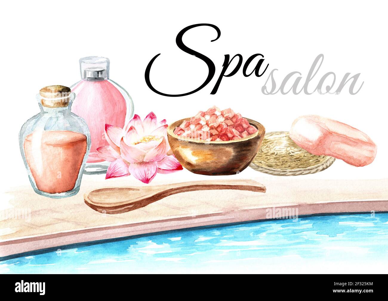 Spa salon concept. Bath accessories. Hand drawn watercolor illustration ...