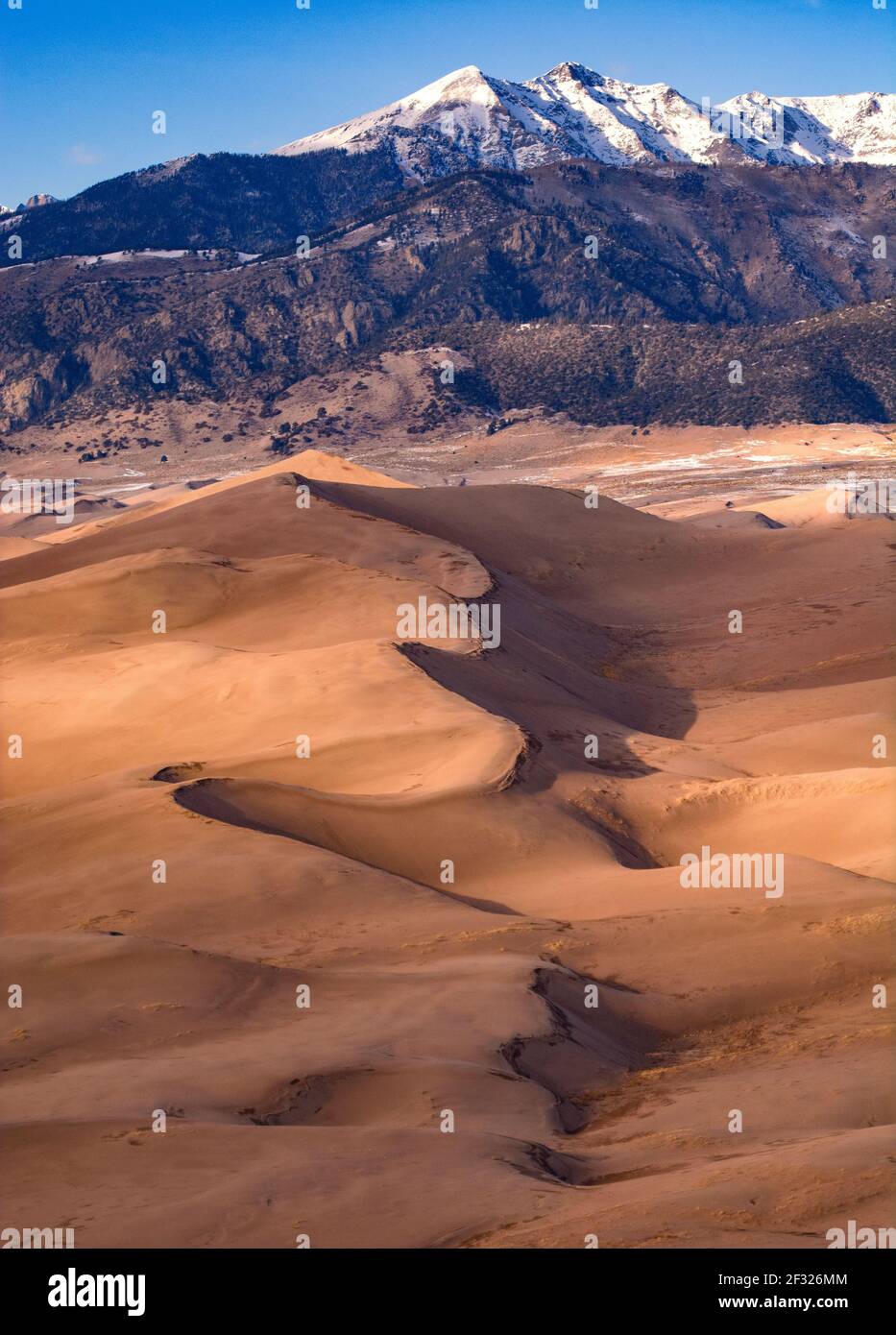 Hidden Dune in front of the snow capped Sangre de Cristo Mountains at ...