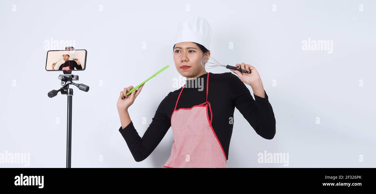 Food blogger streaming live. Online food instructor woman chef. Cooking ...