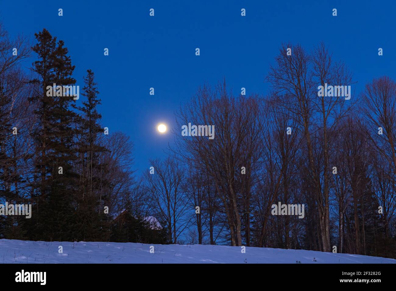 A full moon rising over a home in northern Wisconsin Stock Photo - Alamy