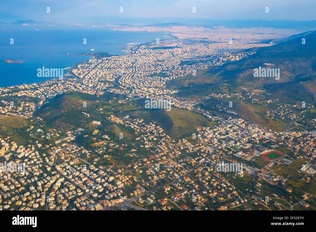Aerial view of coastline of Athens, Greece shot from airplane Stock ...
