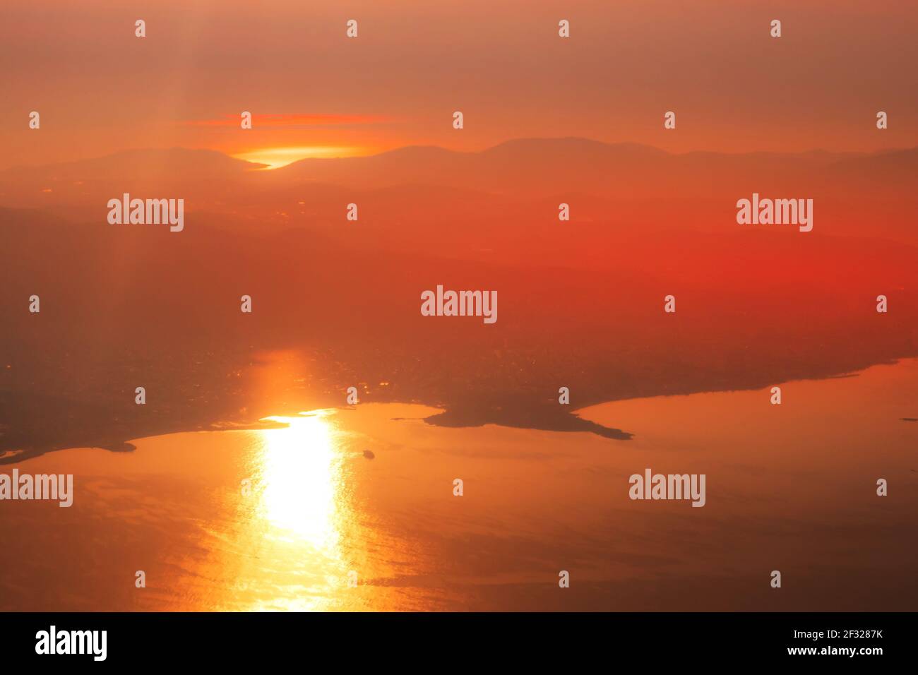 Aerial view of sunset, sunrise over sea, coastline of Athens, Greece ...