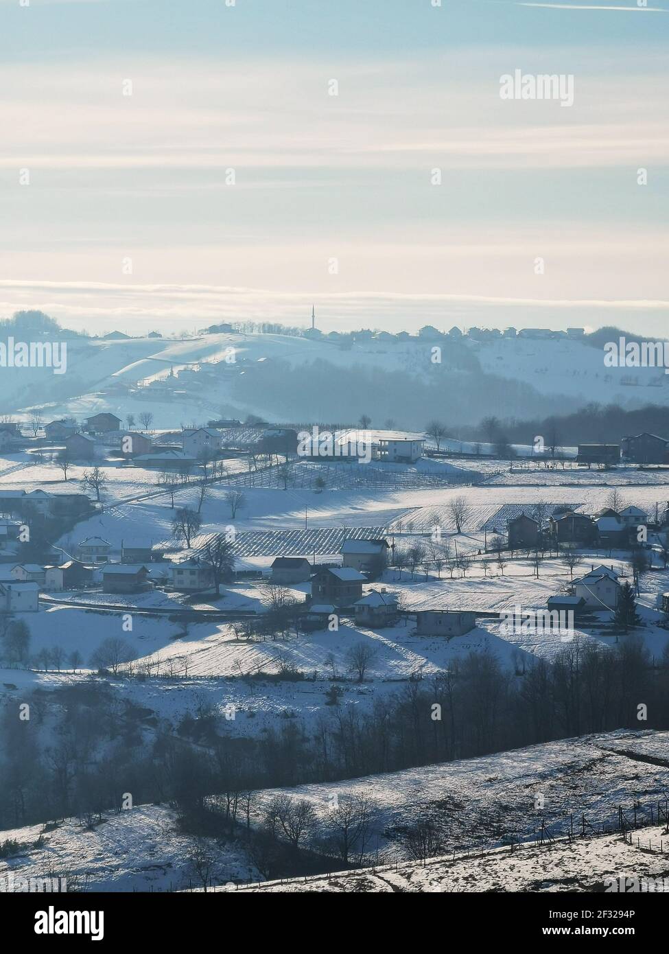 An aerial view of a snowy landscape Stock Photo - Alamy