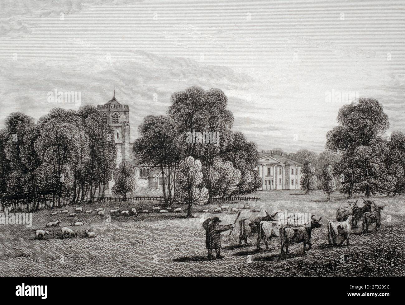 A historical view of Latton Church and Mark Hall in Essex, England, UK ...