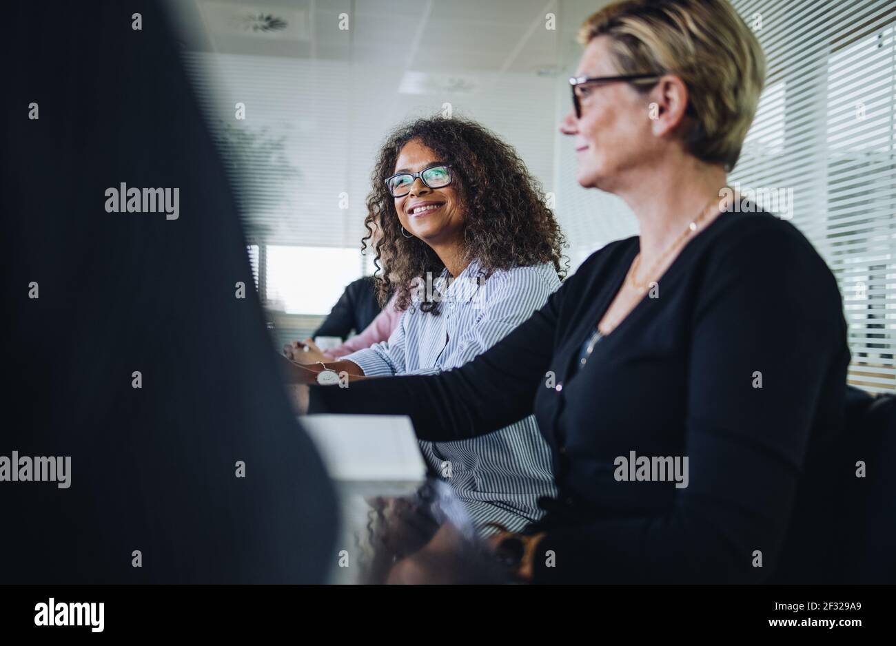 Mature businesswoman listening to manager during meeting. Female ...