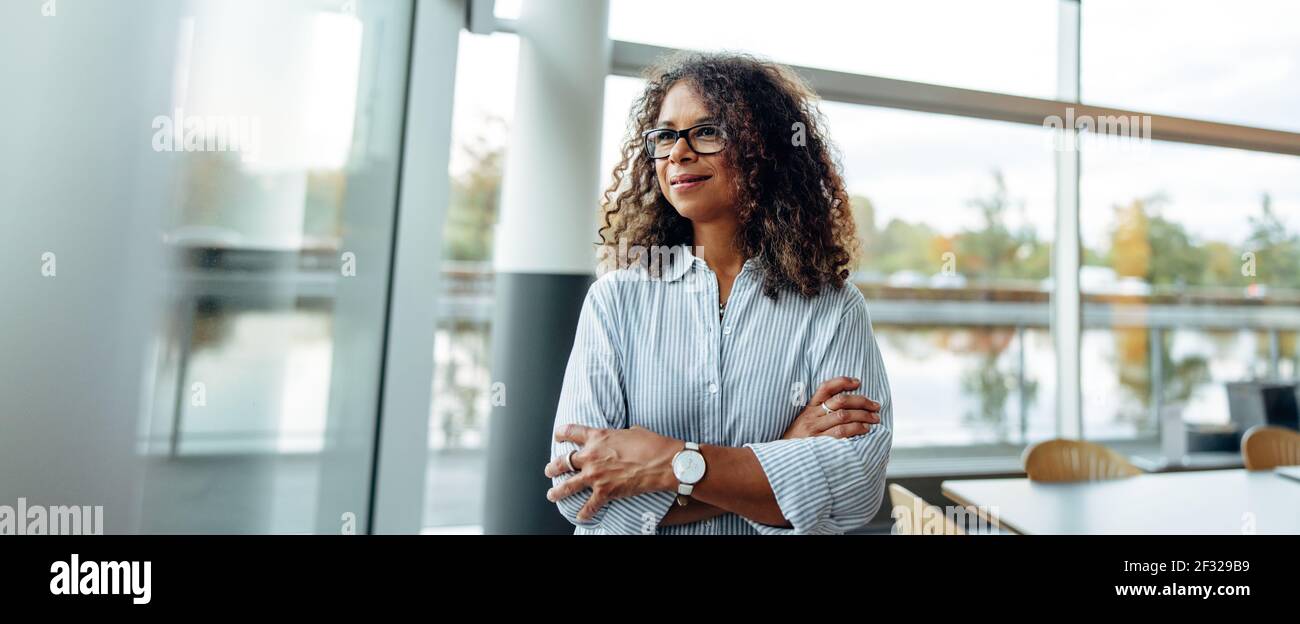 Woman entrepreneur standing beside a window in office. Mature woman ...