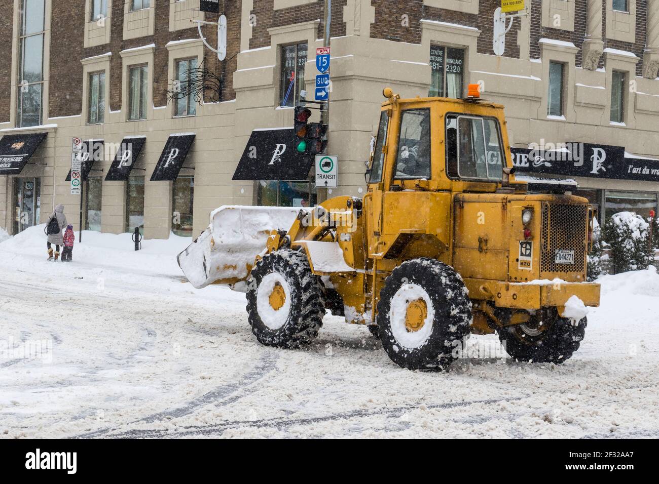 snow plow moving snow after snowstorm, March 2017, Montreal, QC Stock ...