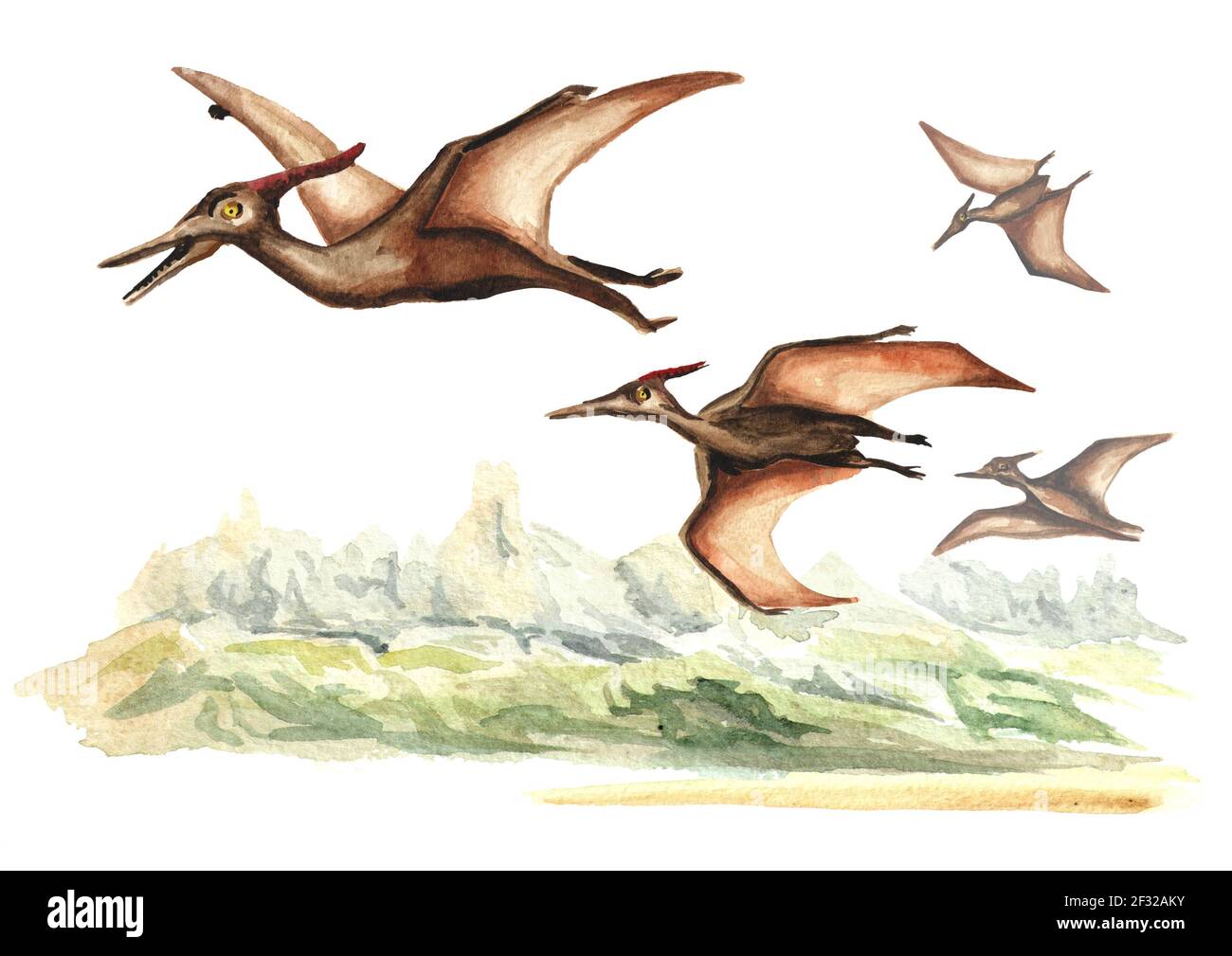 Pterodactyl dinosaur in prehistorical landscape. Watercolor hand drawn ...