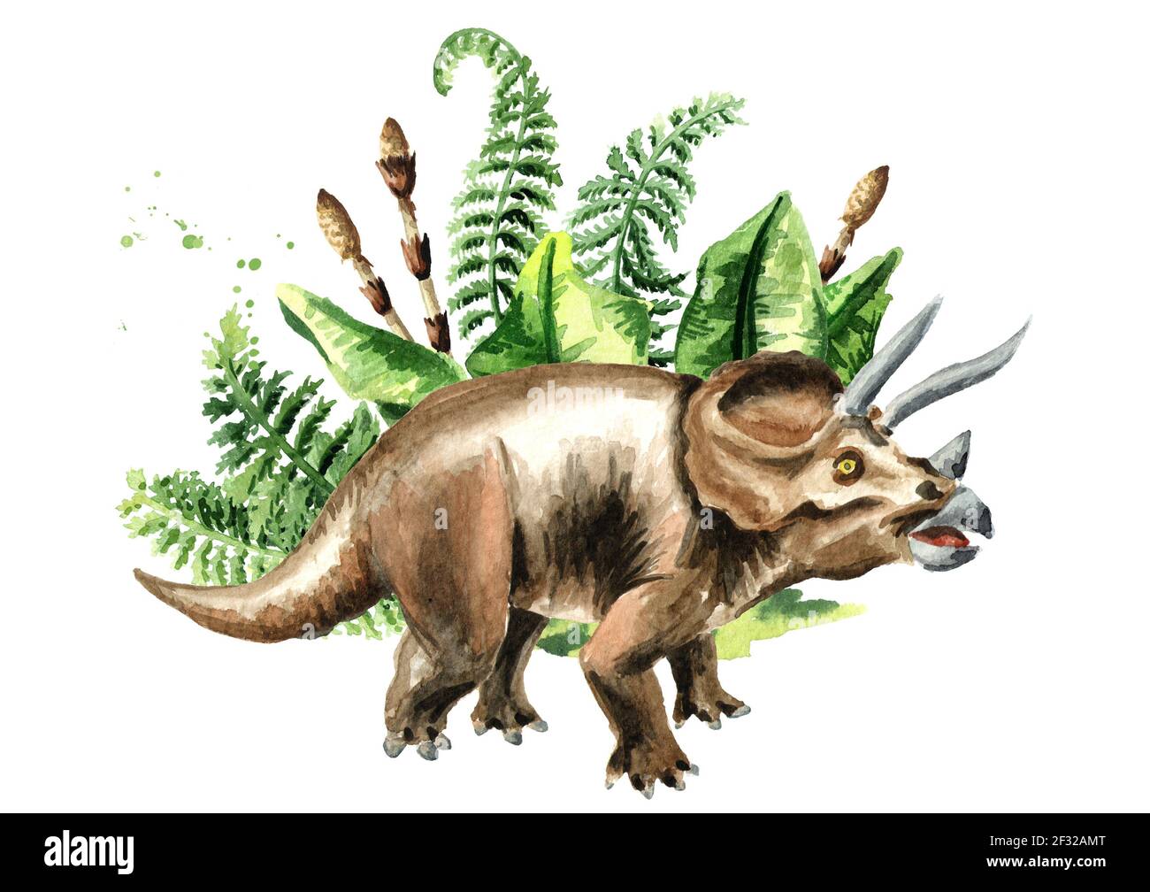 Triceratops dinosaur with prehistoriv plants. Watercolor hand drawn ...