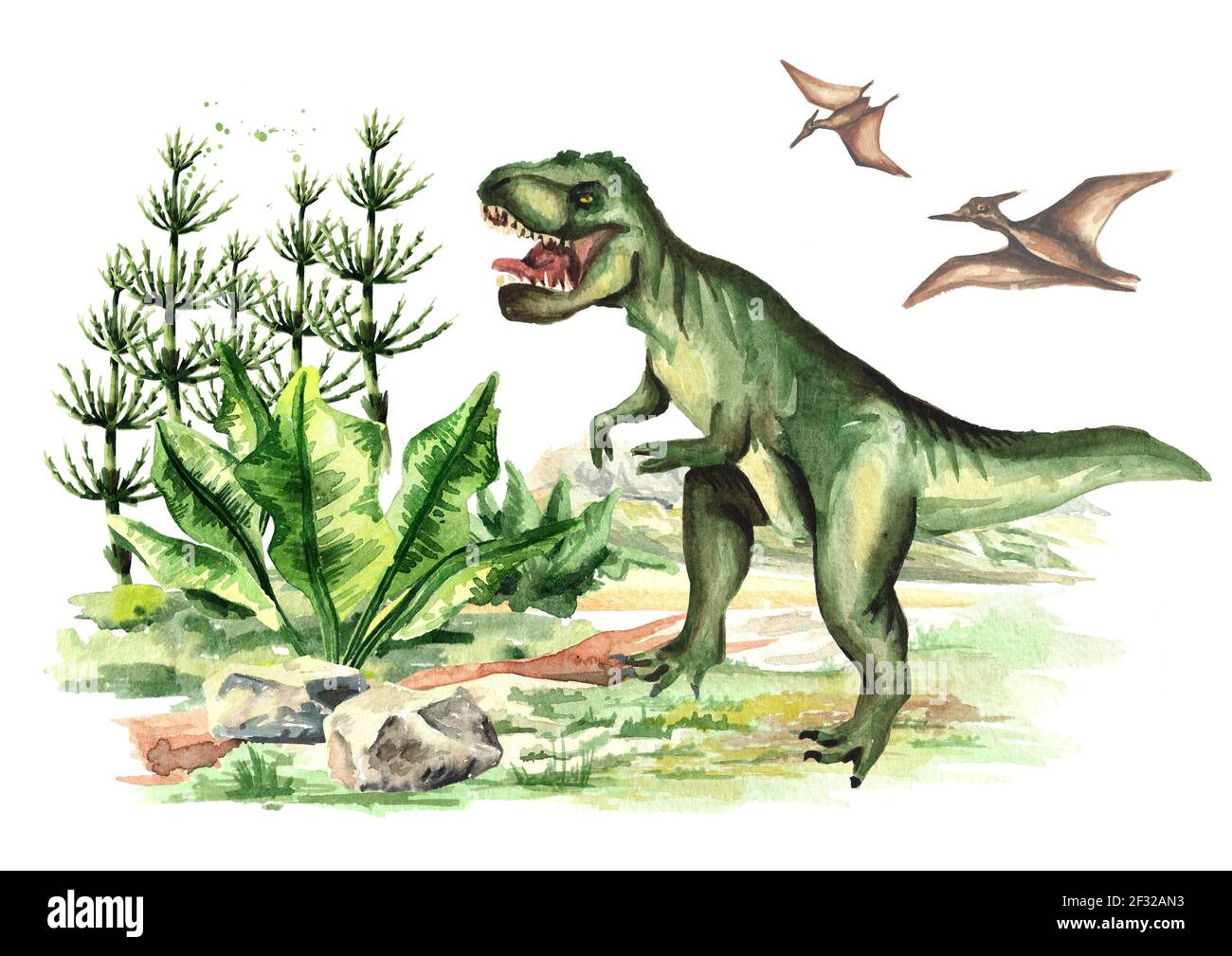 Dinosaur Tyrannosaurus and Pterodactyl in prehistorical landscape ...