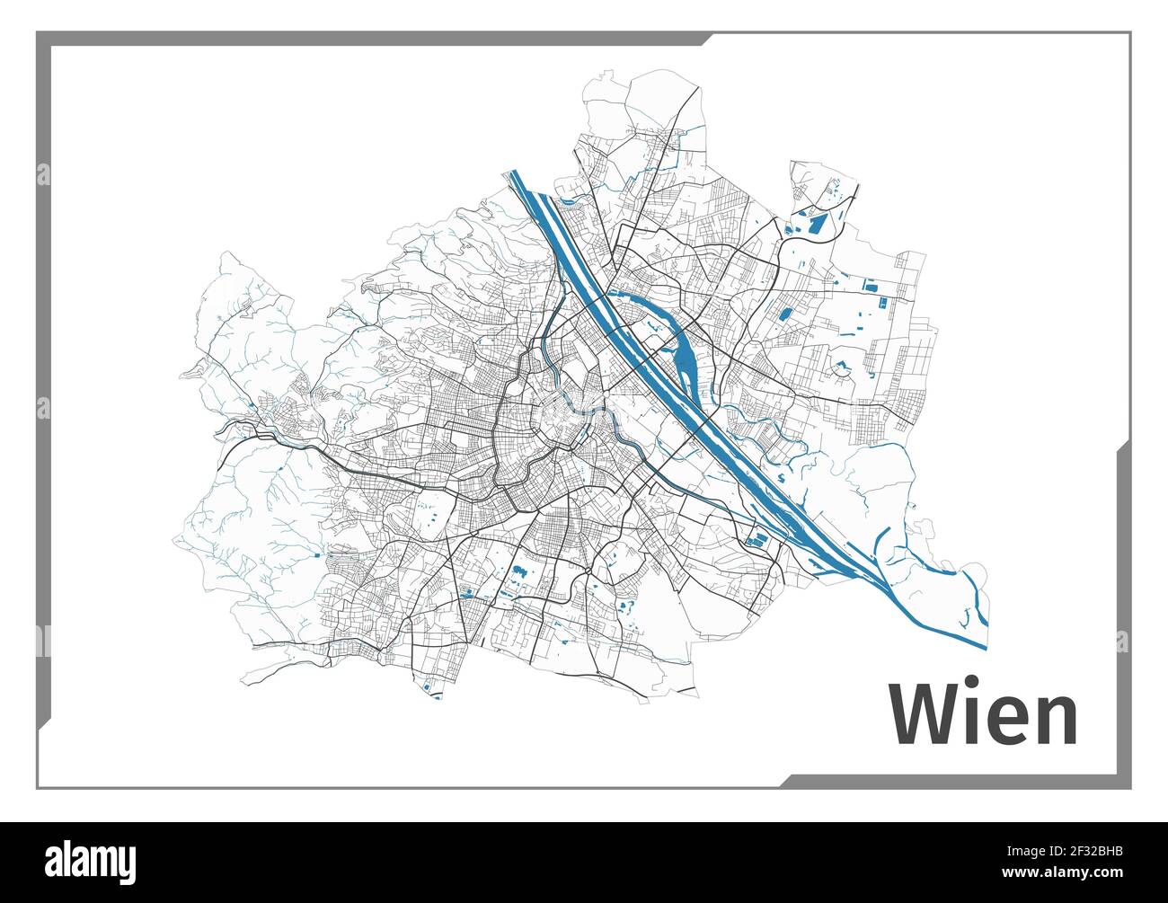 Vienna map poster, administrative area plan view. Black, white and blue ...