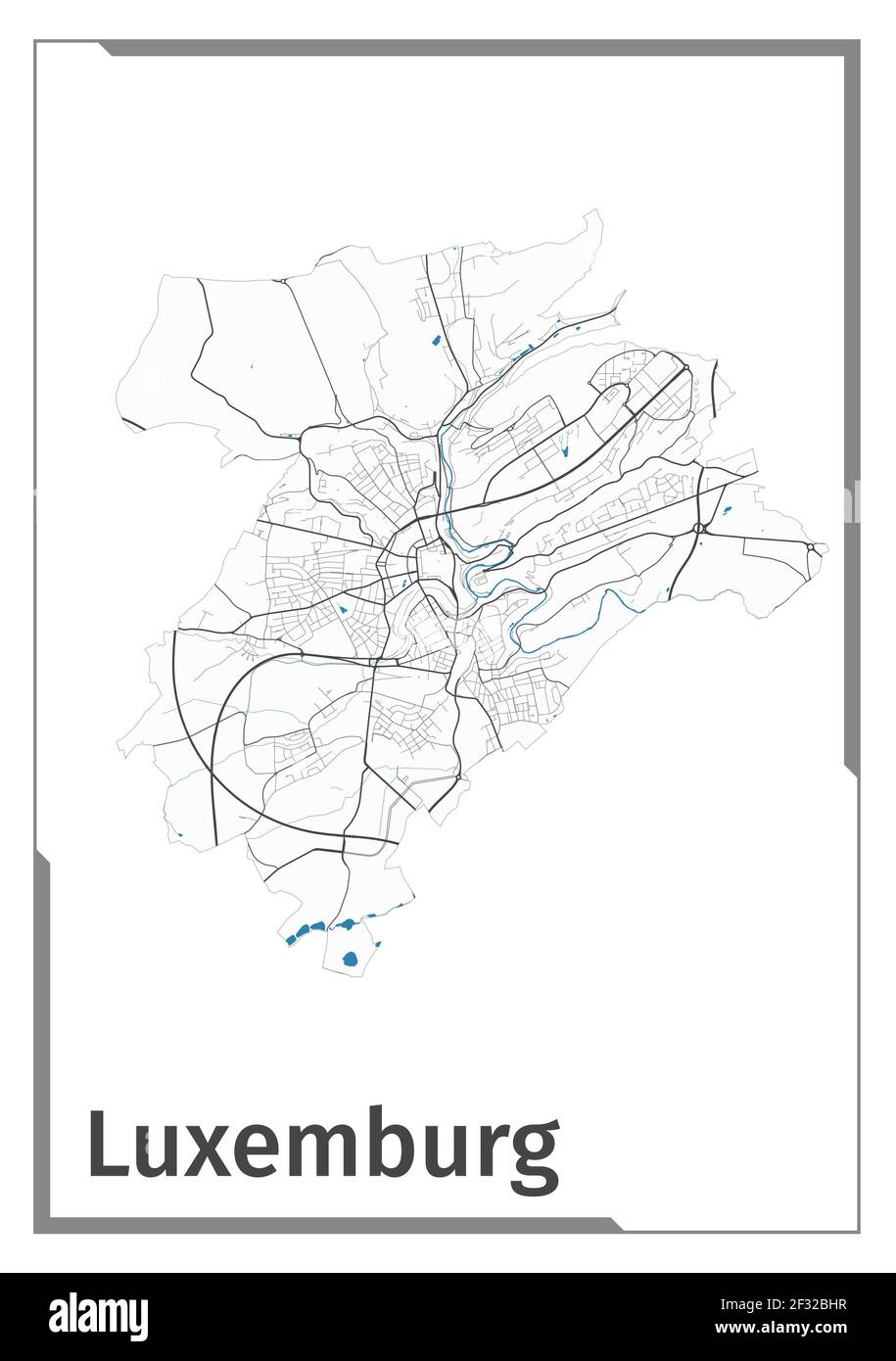 Luxembourg city map poster, administrative area plan view. Black, white ...