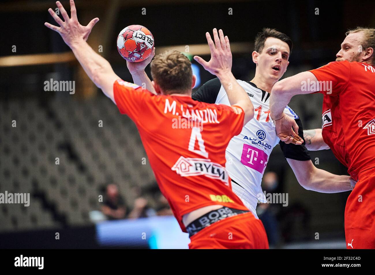 Aalborg, Denmark. 1st Mar, 2021. Filip Taleski (11) of North Macedonia ...