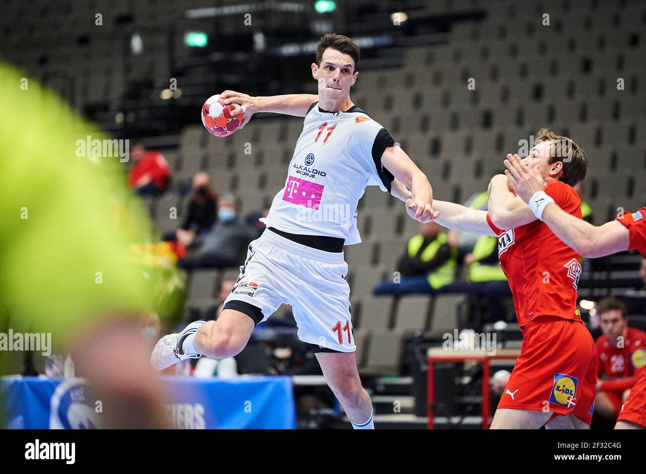 Aalborg, Denmark. 1st Mar, 2021. Filip Taleski (11) of North Macedonia ...