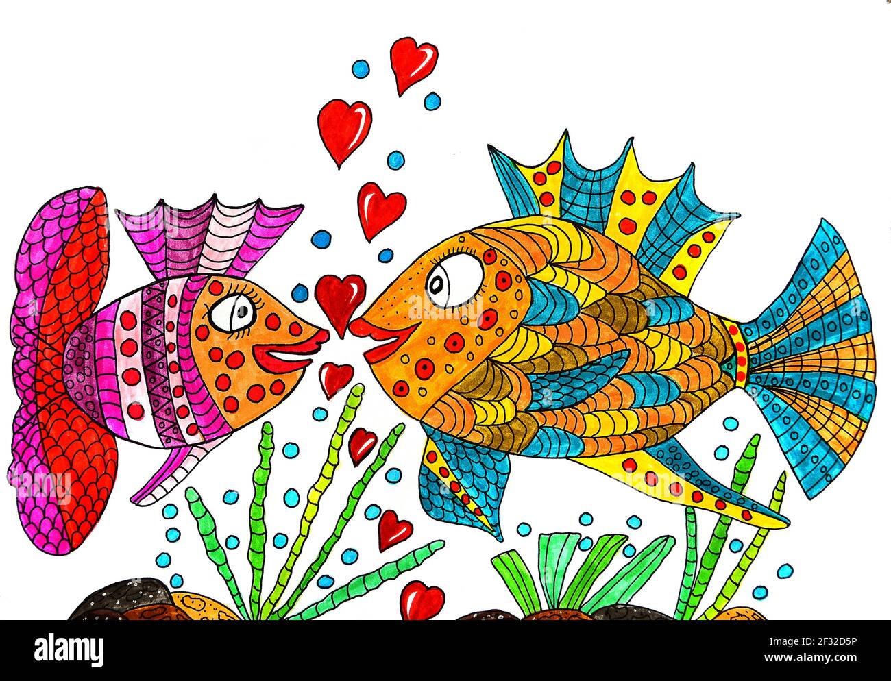 Two fish with hearts, white background, naive illustration Stock Photo ...