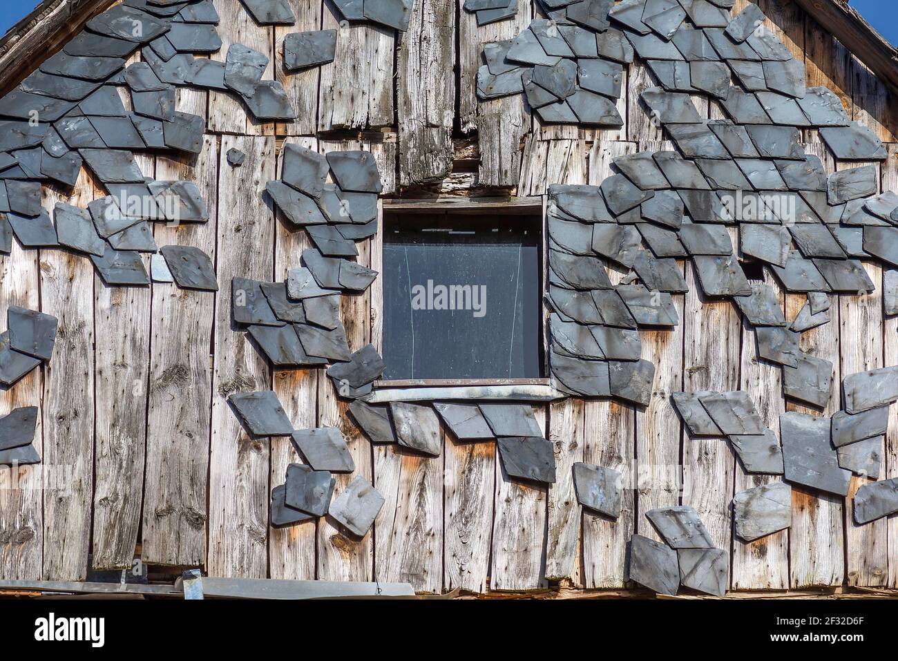 Broken slate facade of an old farmhouse, Bavaria, Germany Stock Photo ...