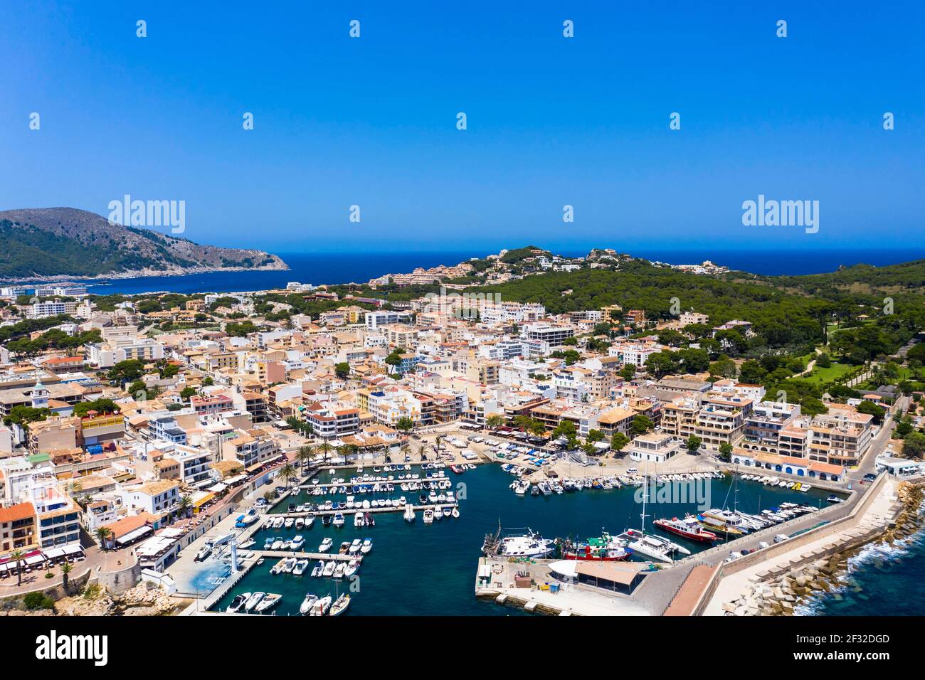 Aerial view, Cala Ratjada bay, harbour and boats, Cala Gat, Majorca ...