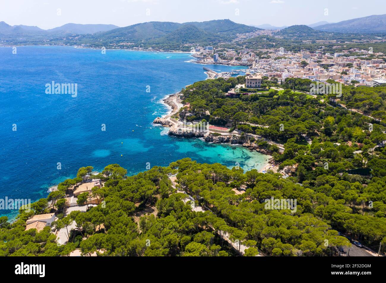 Aerial view, Cala Gat bay, Cala Ratjada, Majorca, Balearic Islands ...