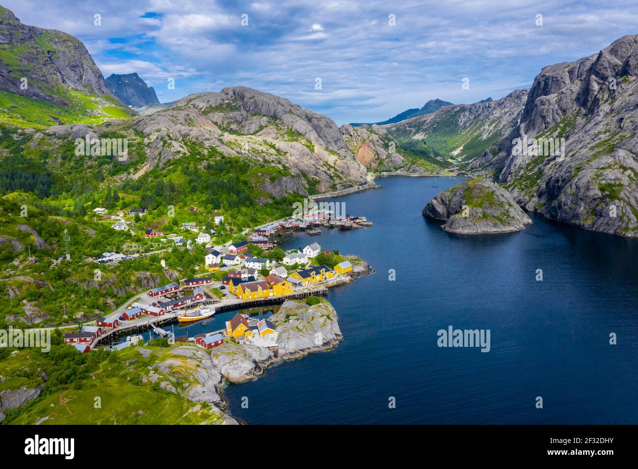 Aerial view, view of harbour and rorbuer cabins, historic fishing ...