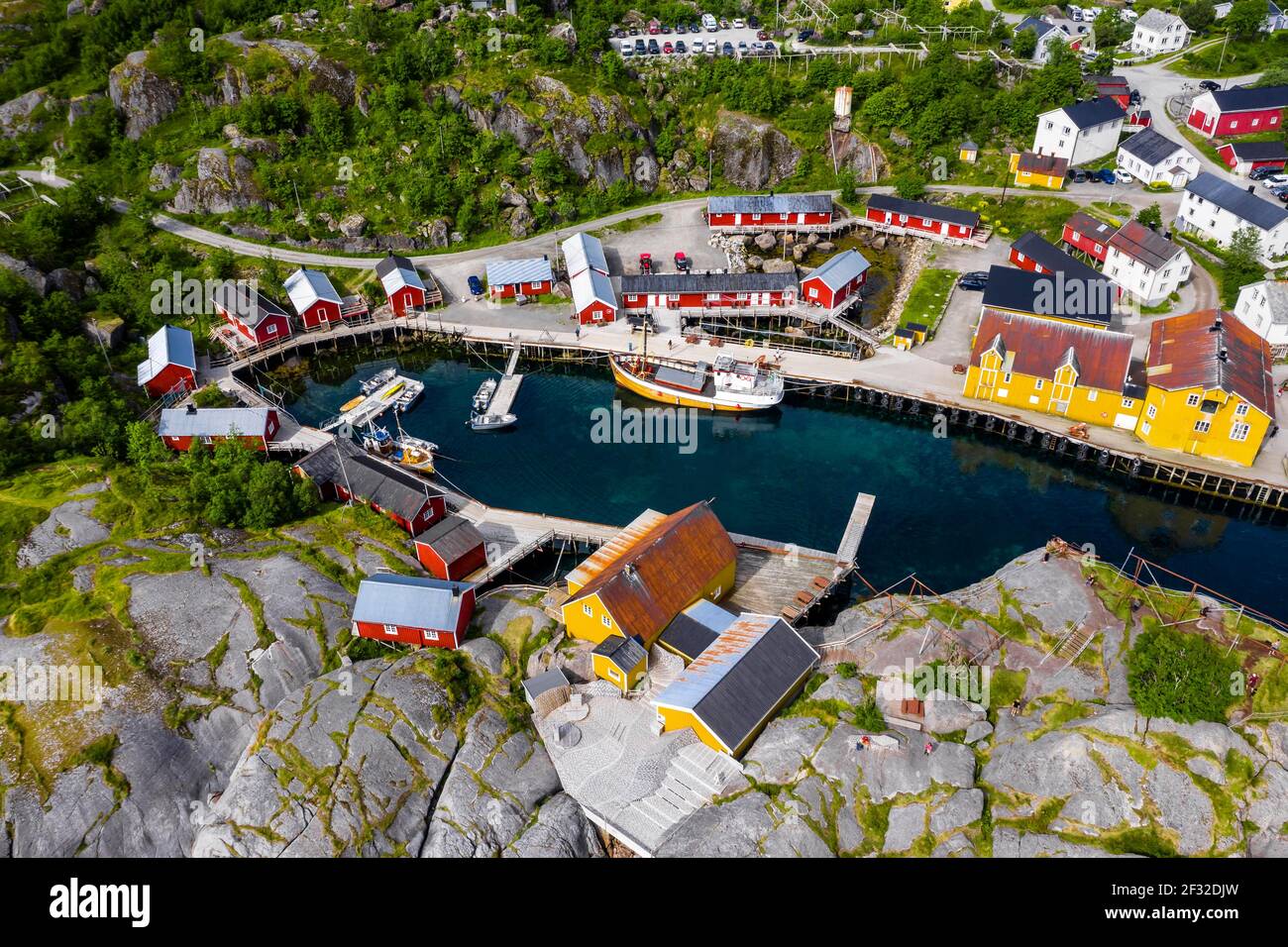 Aerial view, view of harbour and rorbuer cabins, historic fishing ...