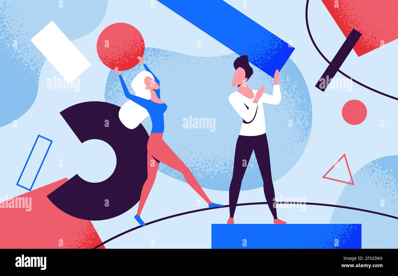 Creative problem solving, people holding abstract figures and forms ...