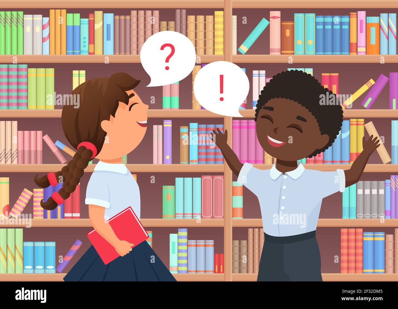 Child booklover in library, happy funny boy girl talking, standing ...