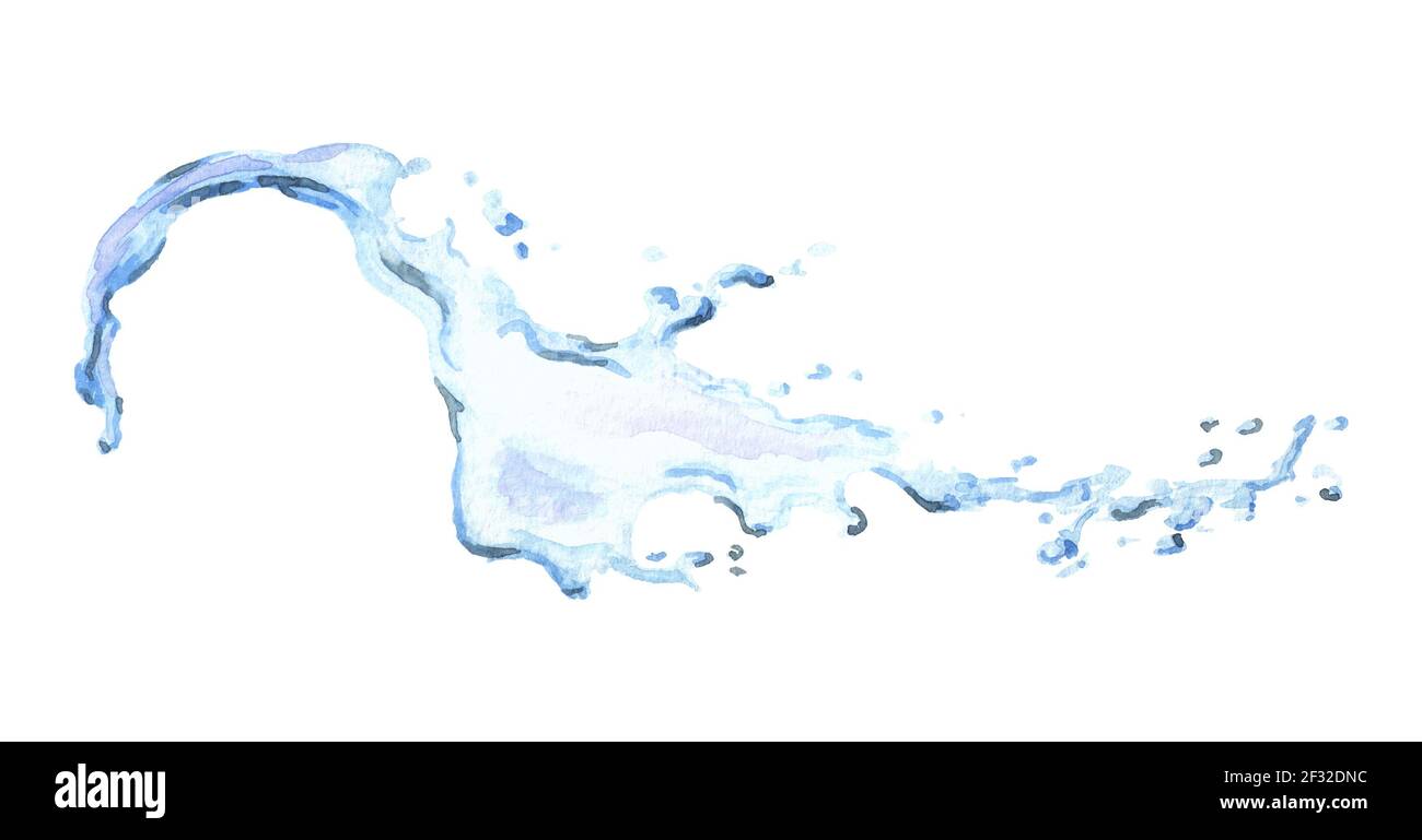 Splash and stream of water isolated on white background. Watercolor ...