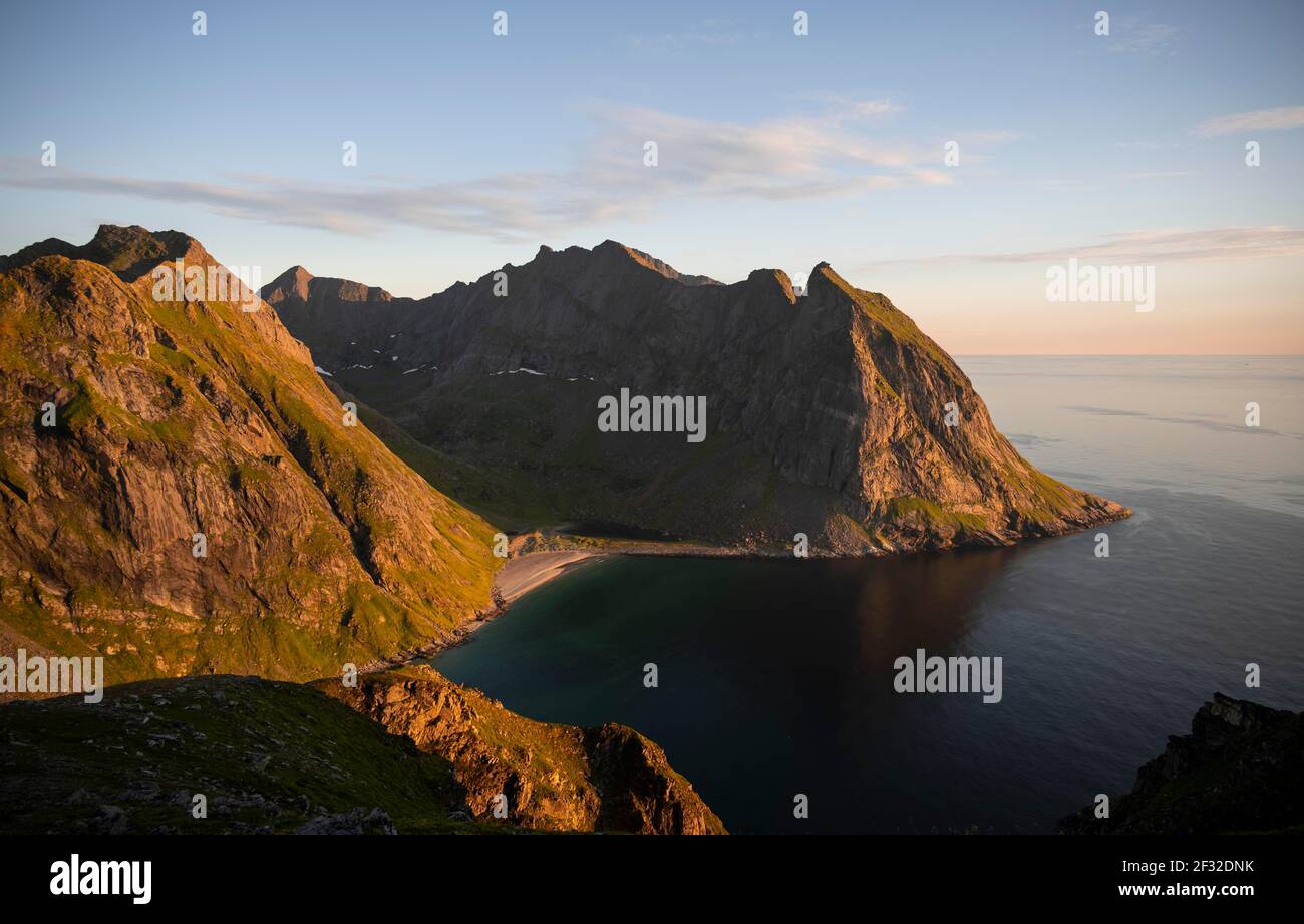 Dusk, view from the summit to Kvalvika beach and sea, Ryten summit ...