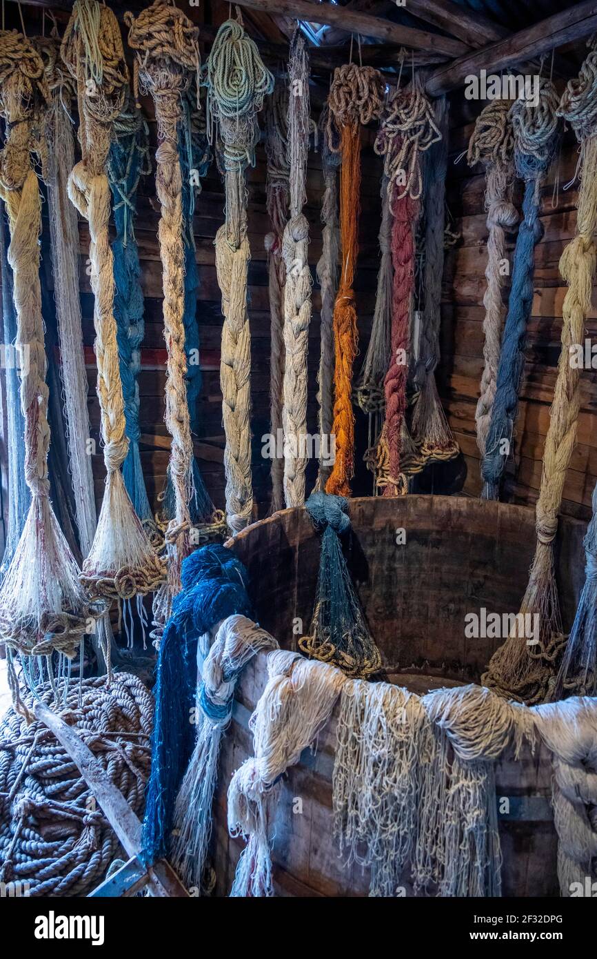 Old fishing nets, historic fishing village Nusfjord, Lofoten, Nordland ...