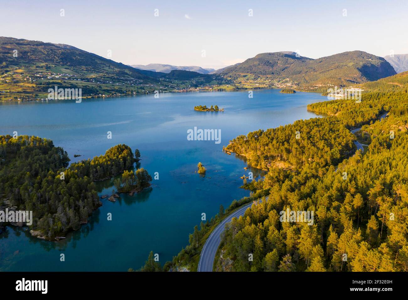 Aerial view, forest and landscape, evening mood at lake Hafslovatnet ...