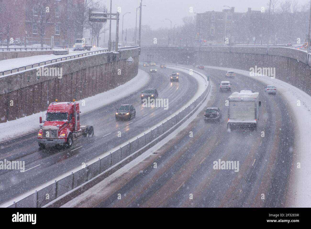 Traffic on the Decarie Expressway, snow day early Winter, Montreal, Qc ...