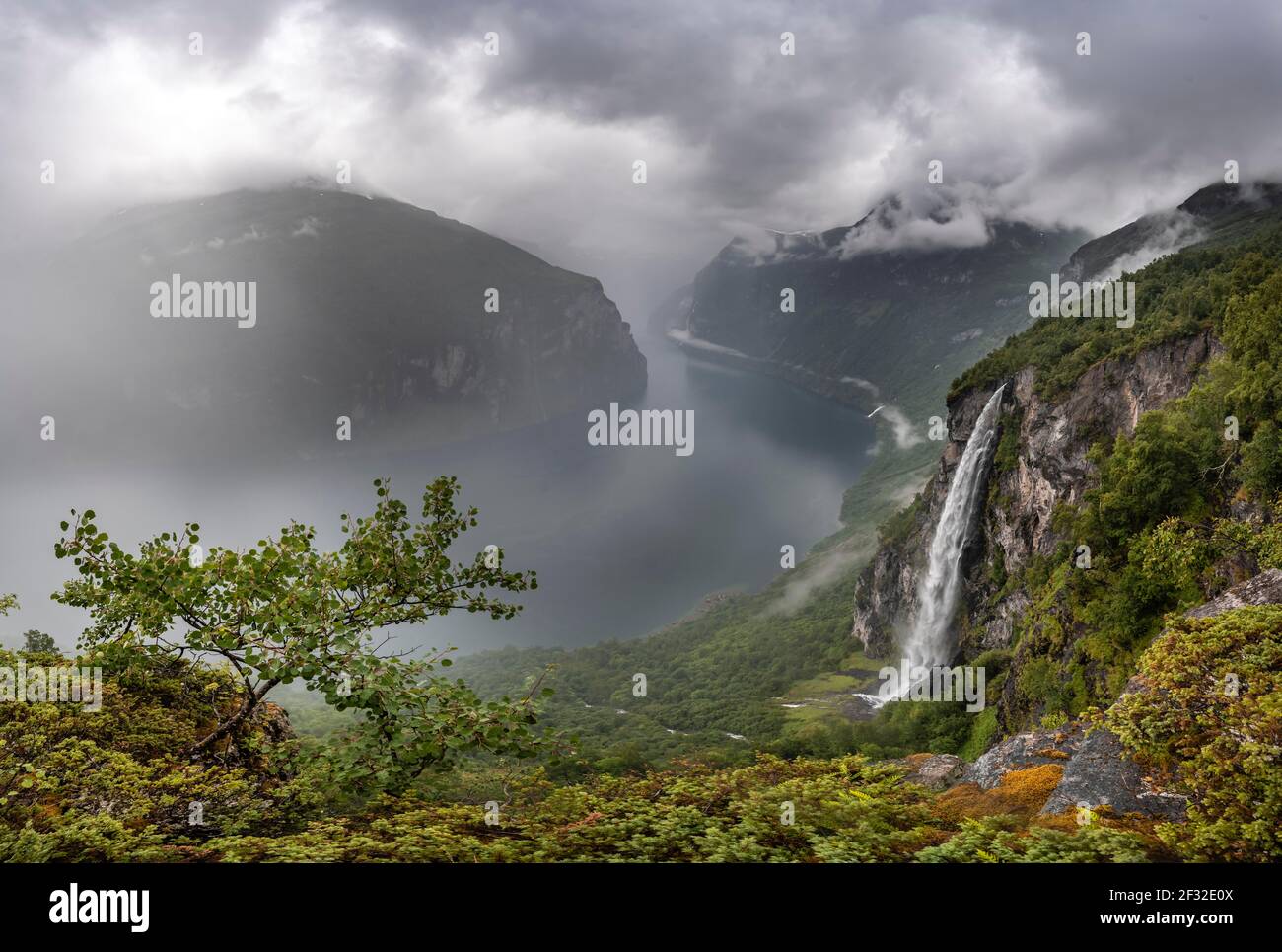 Waterfall Gjerdefossen, at Ornesvingen viewpoint, Geirangerfjord, near ...