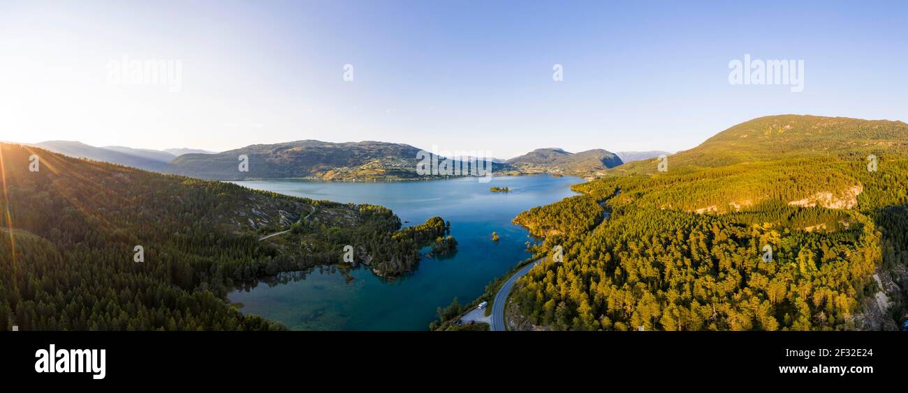 Aerial view, forest and landscape, evening mood at lake Hafslovatnet ...