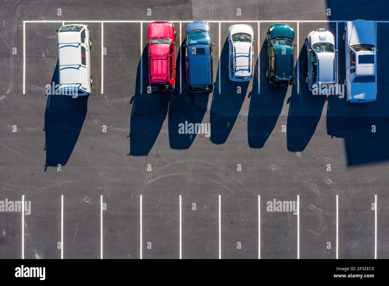 Drone shot, parking lot, parked cars side by side from above, Norway ...
