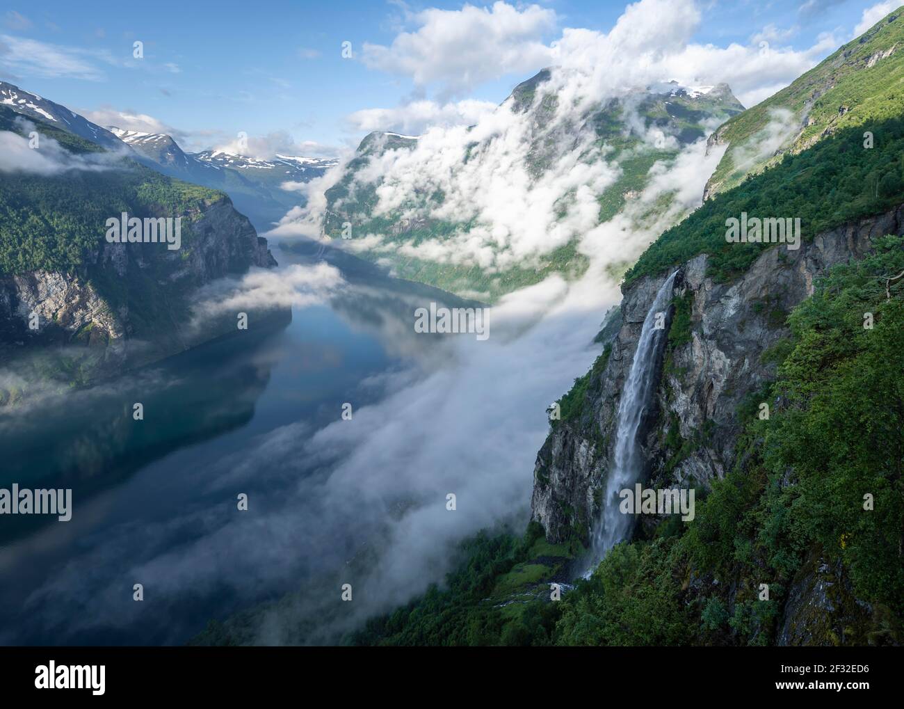 Waterfall Gjerdefossen, at Ornesvingen viewpoint, Geirangerfjord, near ...