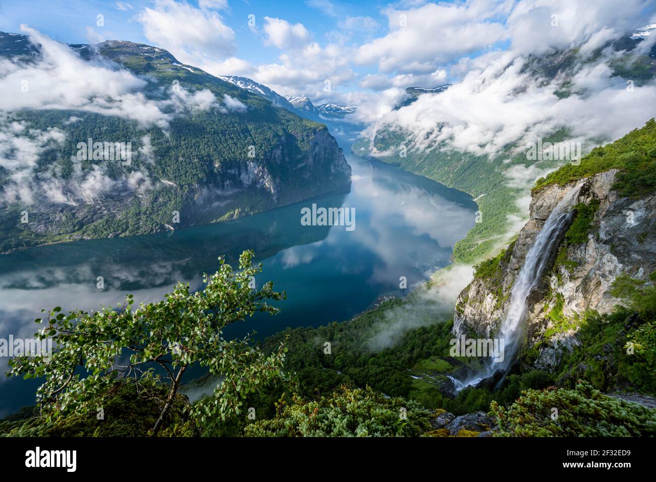 Waterfall Gjerdefossen, at Ornesvingen viewpoint, Geirangerfjord, near ...