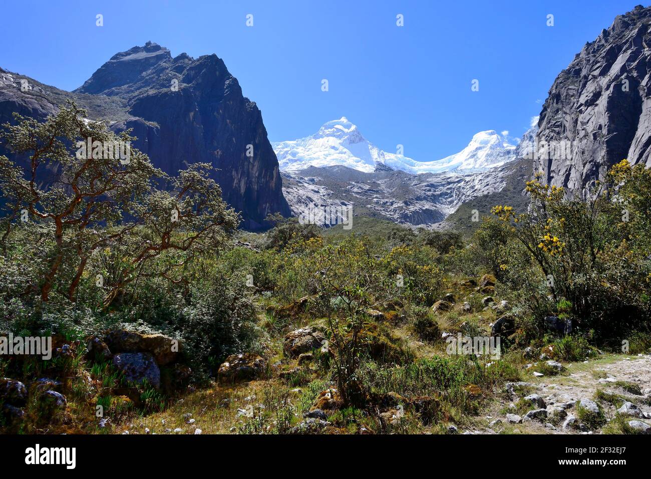 The snow-capped peaks of Nevado Huandoy, Cordillera Blanca, near Caraz ...
