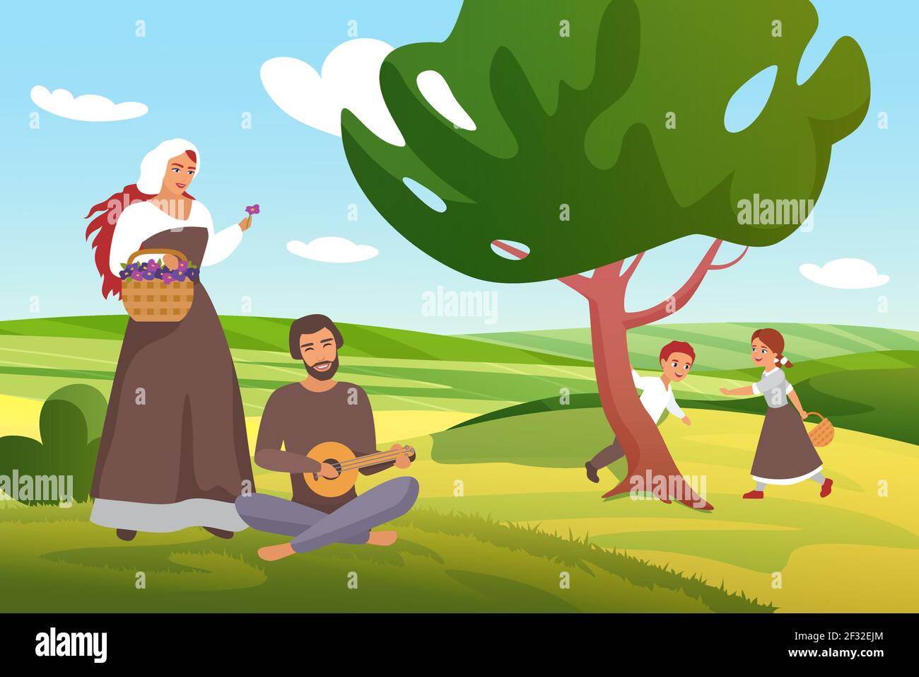 Medieval farmers peasants villagers family spend fun time in green farm ...