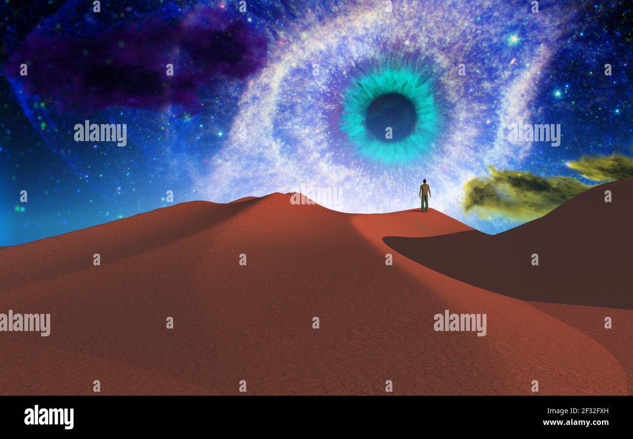 Lonely man in alien desert. 3D rendering Stock Photo - Alamy