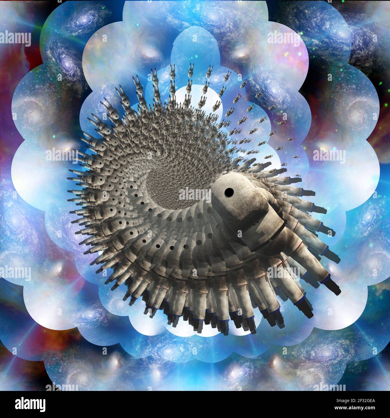 Astronaut in layered images of space representing infinite dimensions ...