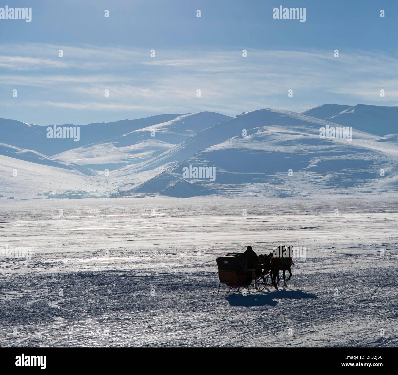 Sledge on the Cildir lake in the city of Ardahan in Turkey Stock Photo ...