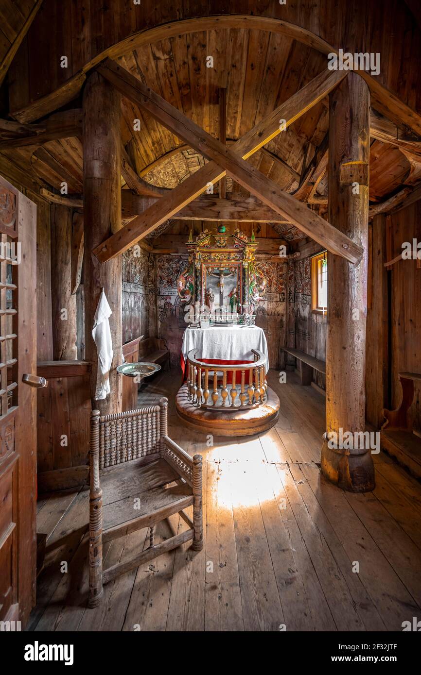 Interior and altar of the Urnes Stave Church, Romanesque church from ca ...
