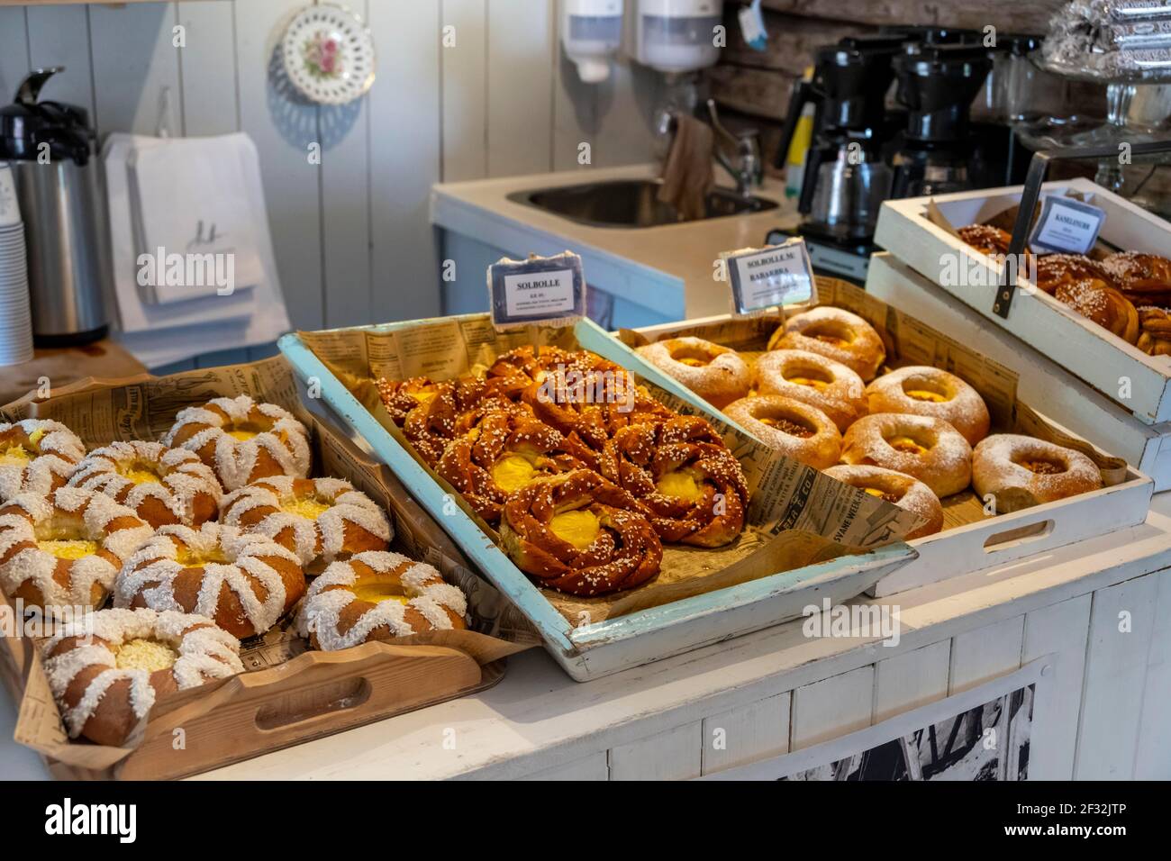 Norwegian pastries in a bakery, Nusfjord, Lofoten, Nordland, Norway ...